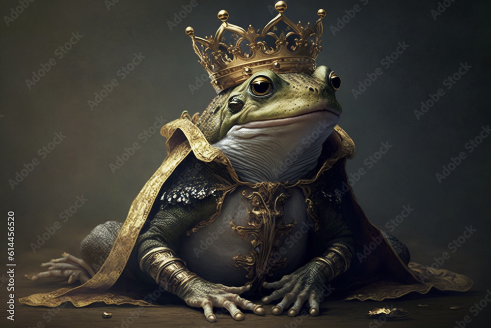 An amusing frog with a royal king costume, complete with a golden crown ...