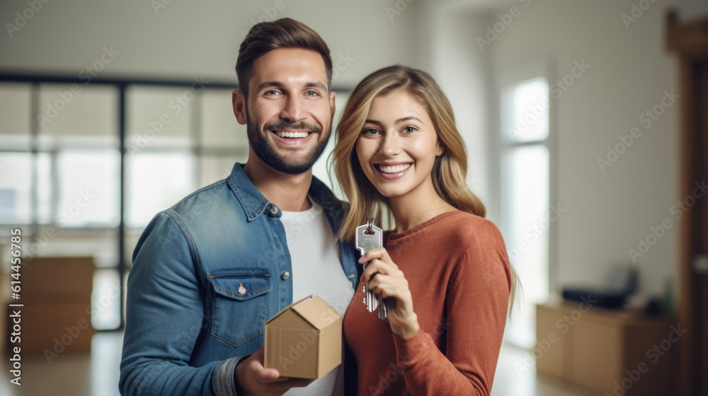 Happy young couple home owners holding keys in new home created with ...