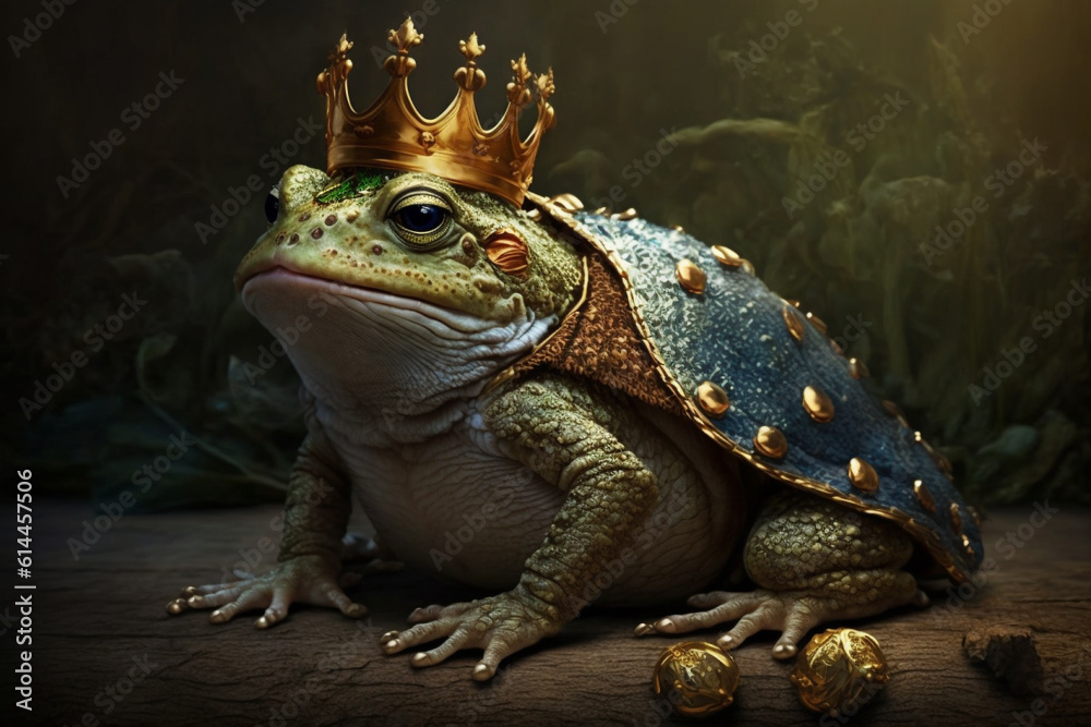 An amusing frog with a royal king costume, complete with a golden crown ...