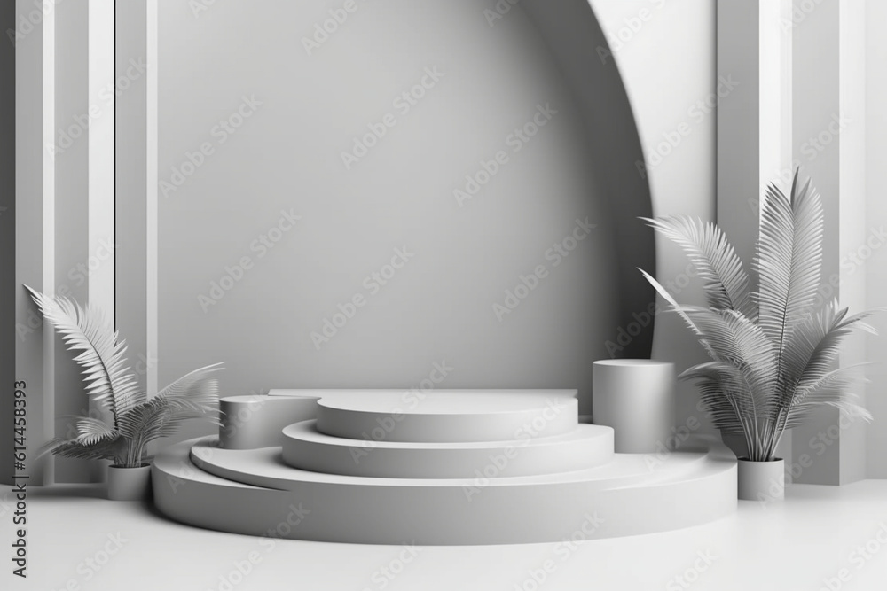 3d gray stage background product display podium stage with leaf ...
