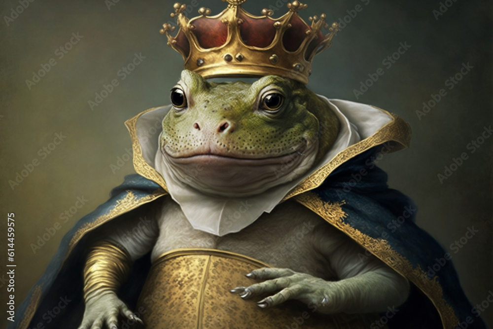 An amusing frog with a royal king costume, complete with a golden crown ...