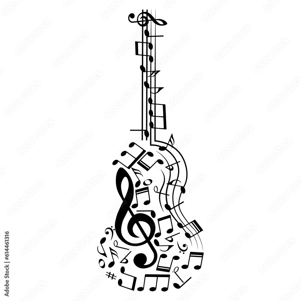 Musical instrument shape with music notes, symbol isolated on white ...