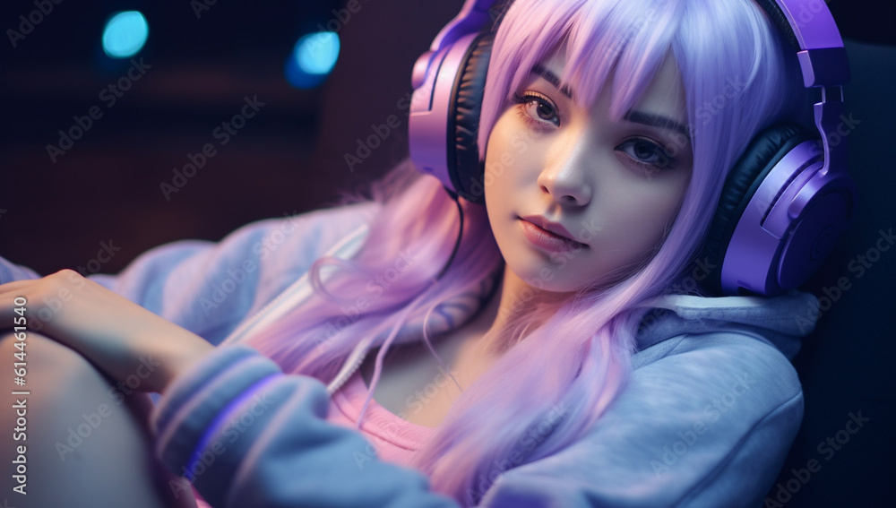 Female streamer dressed as Japanese Anime.Happy gamer, teenager girl ...
