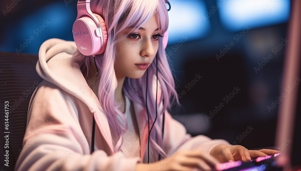 Female streamer dressed as Japanese Anime.Happy gamer, teenager girl ...