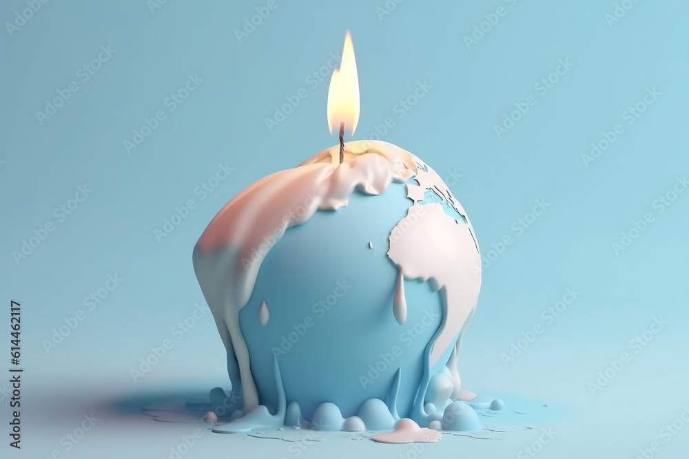 Global warming concept with burning and melting planet earth candle. Generative AI illustration ...