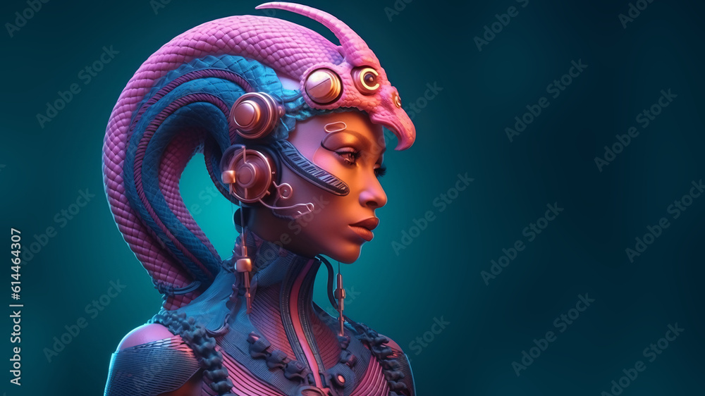 surreal female portrait with crazy alien headdress, fictional person ...