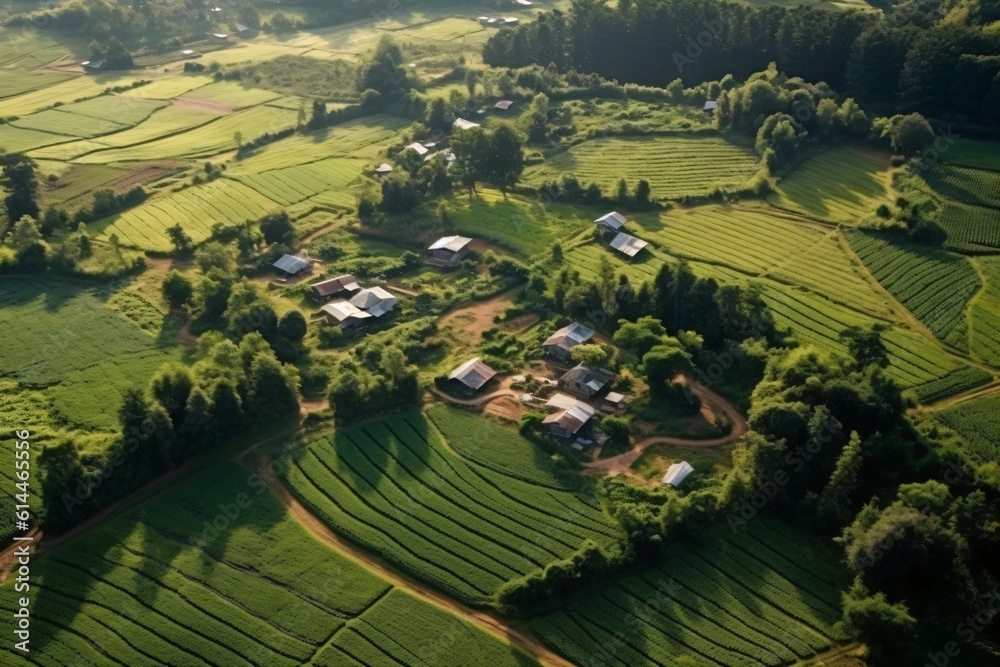 ecosystem with healthy farming method, aerial view of fields with ...