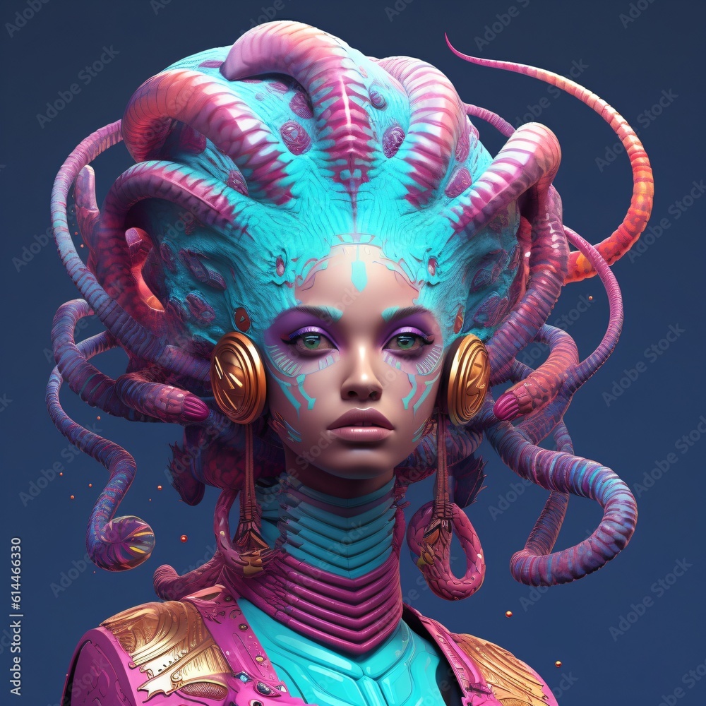 surreal female portrait with crazy alien headdress, fictional person ...