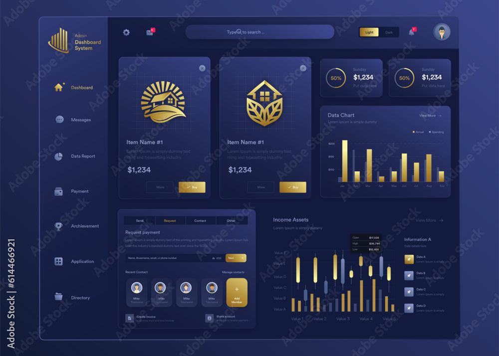 Infographic NFT dashboard. UI design with graphs, charts and diagrams. Web interface template ...