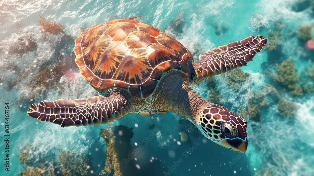 A top view of a tortoise swimming in the huge sea. The image captures ...