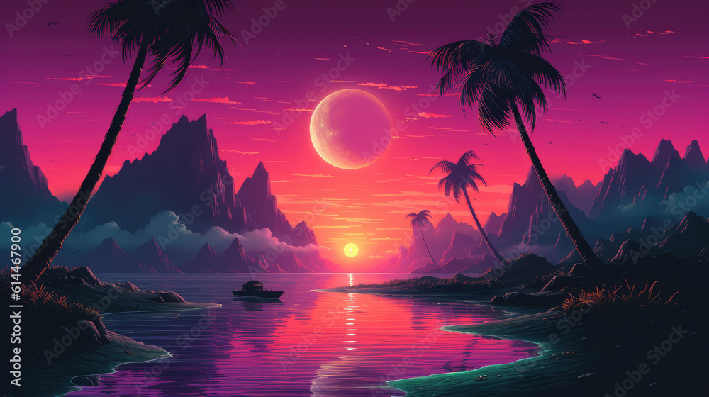 futuristic sunset landscape with palm trees, mountains in retro wave ...