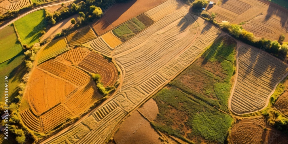 ecosystem with healthy farming method, aerial view of fields with ...