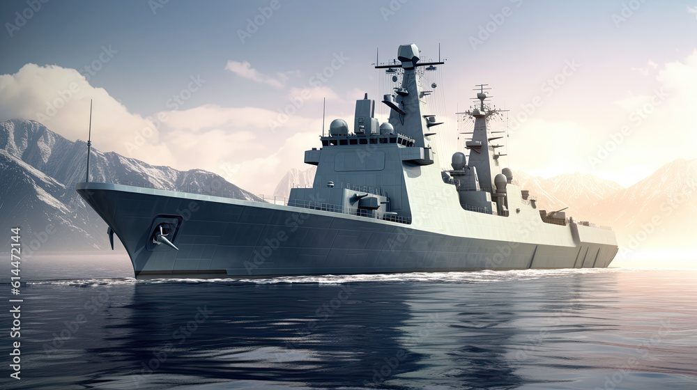 Modern stealth warship on the high seas, Stealth technology. Ship with ...