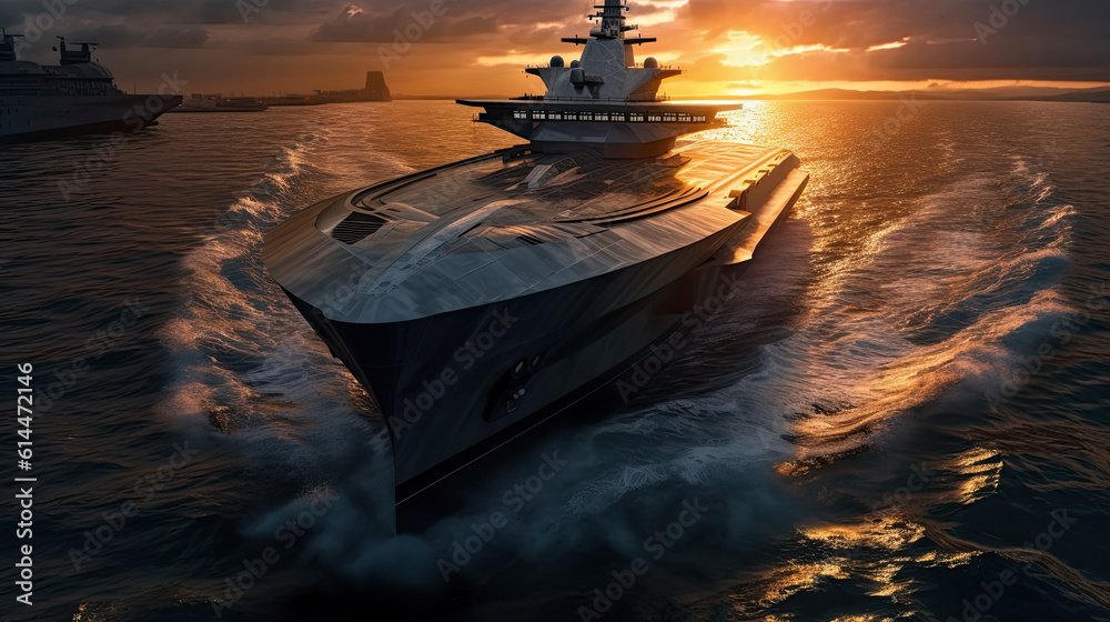 Modern stealth warship on the high seas, Stealth technology. Ship with ...