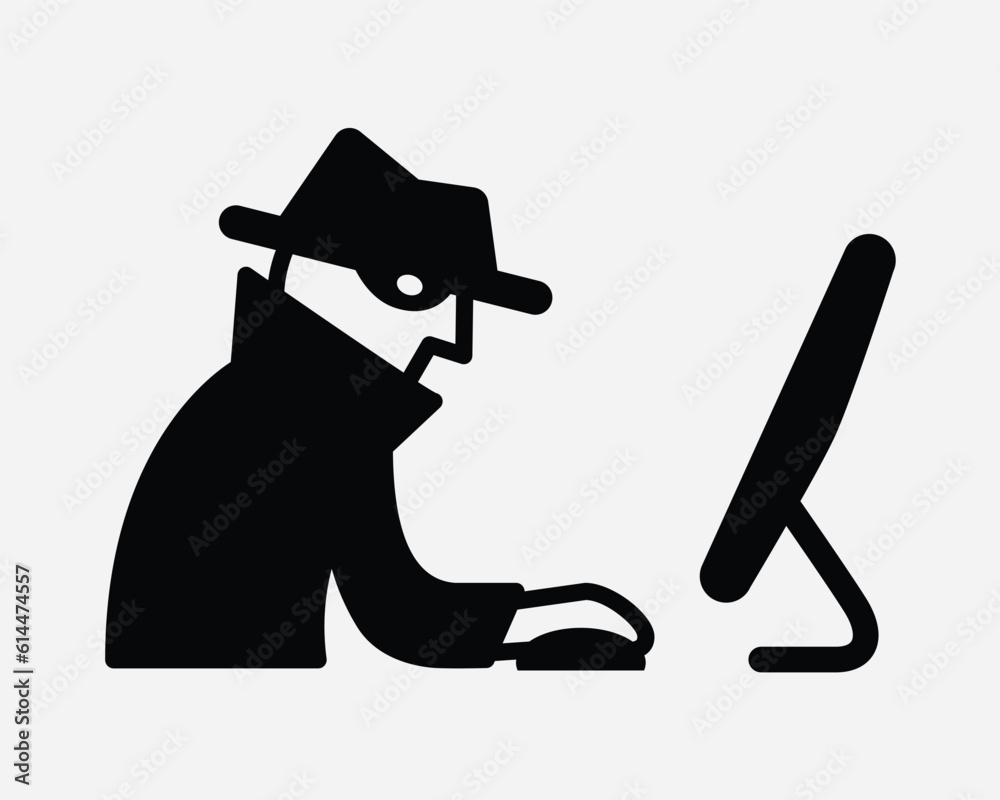 Hacker Icon. Crime Criminal Hacking Hack Thief Web Cyber Security Spy Steal. Black White Sign ...