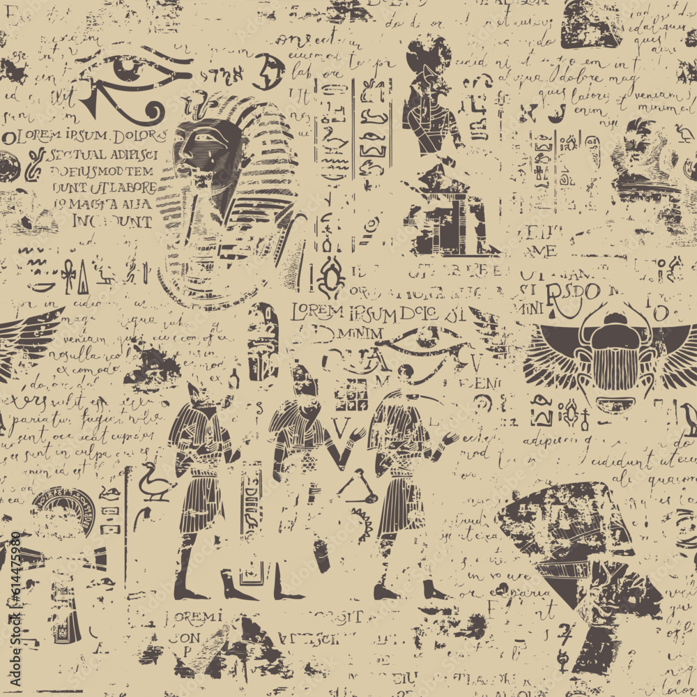 Seamless pattern on an Ancient Egypt theme with images of Egyptian gods ...