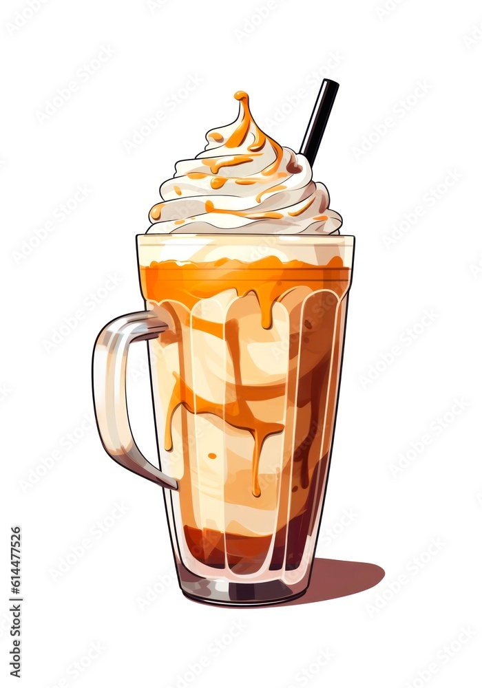 Cartoon illustration of iced latte with whipped cream on white ...