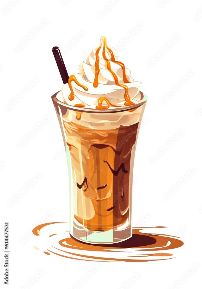 Cartoon illustration of iced coffee with whipped cream on white ...