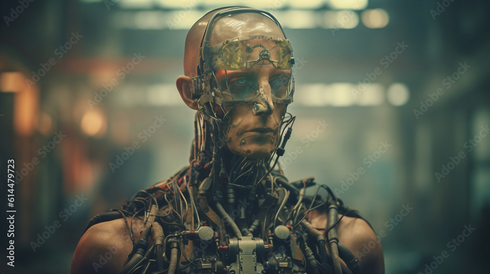 a robot or a man half a robot with mechanical technological body parts ...