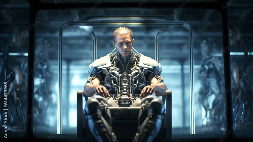 a robot or a man half a robot with mechanical technological body parts ...