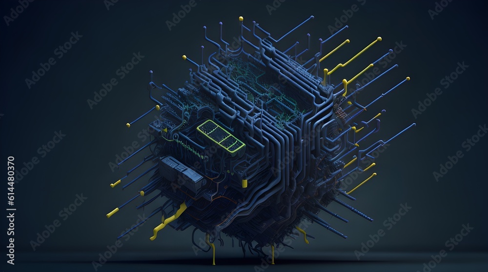Futuristic microchip processor with lights on black background. Quantum computer, large data ...