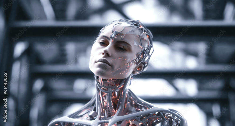 a robot or a woman half a robot with mechanical technological body ...