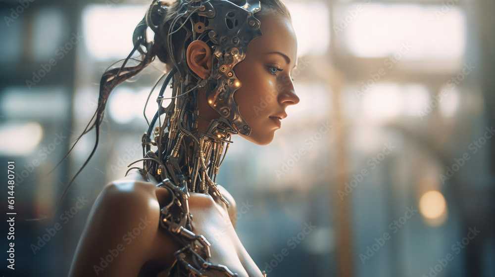 a robot or a woman half a robot with mechanical technological body ...