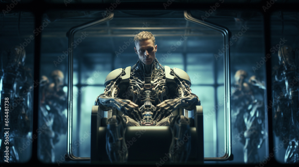 a robot or a man half a robot with mechanical technological body parts ...