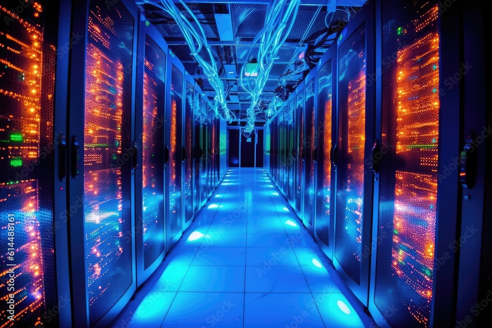 A close - up photo of a corridor in a busy data center. The image ...