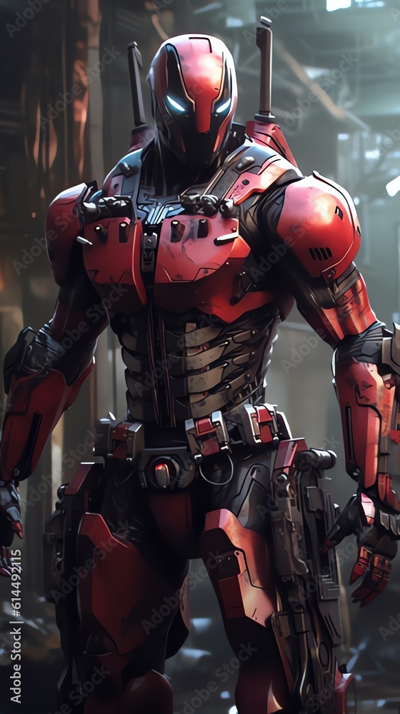 Deadpool in futuristic mecha combat armor, full body pose, Vitaly ...