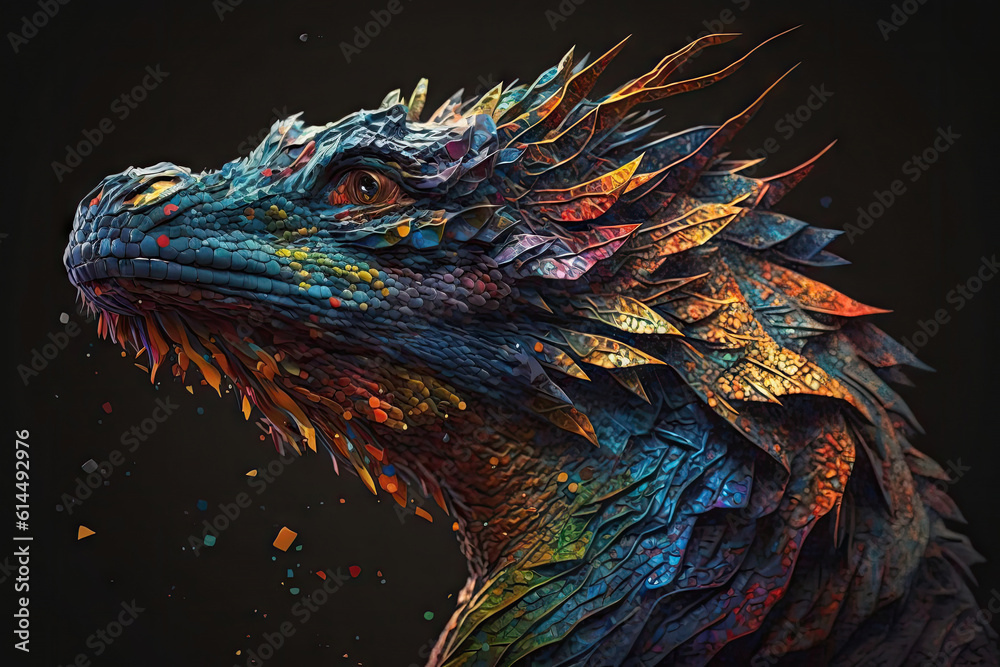 Abstract animal Ancient Dragon portrait with multi colored colorful on ...
