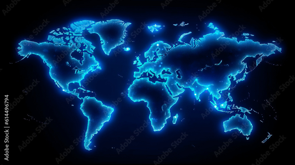Blue Glowing World Map on black background. Earth at night. AI ...