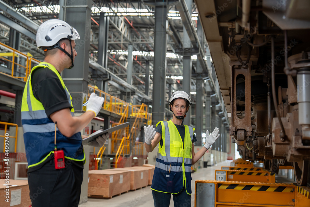 Railway technicians collaborate with engineers to inspect the electric ...