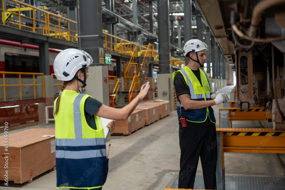 Railway technicians collaborate with engineers to inspect the electric ...