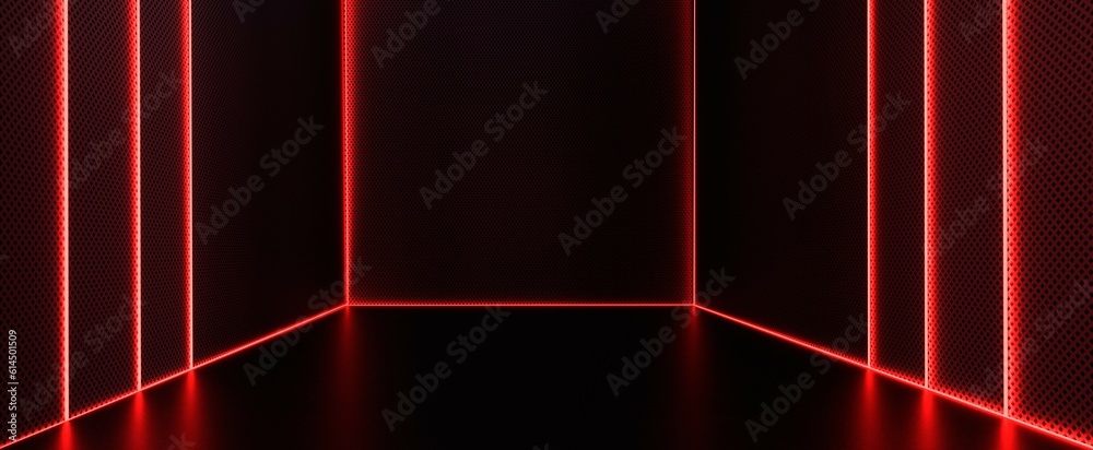 Techno mesh room with red laser illumination background. Glowing led ...