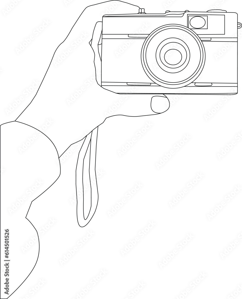 one line drawing hand holding camera and outline vector on white ...