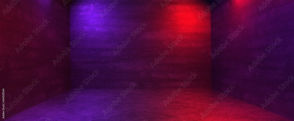 ภาพประกอบสต็อก Concrete room with neon backlight background. Blank ...