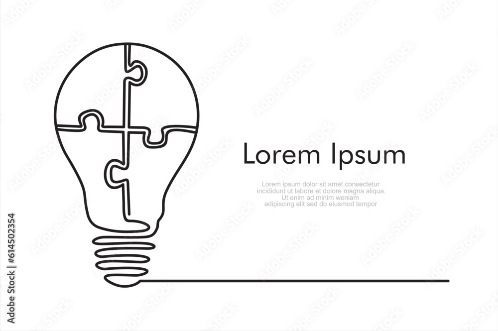 Continuous one line drawing of light bulb and grup of puzzle. inside ...