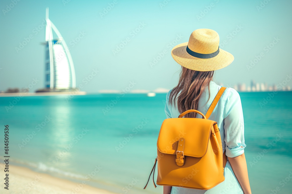 Young girl with backpack in a hat stands with her back and looks at ...
