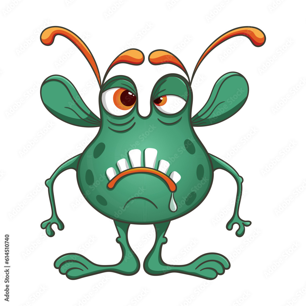 A green monster with orange eyes and eyebrows. A sad rattler with large ...