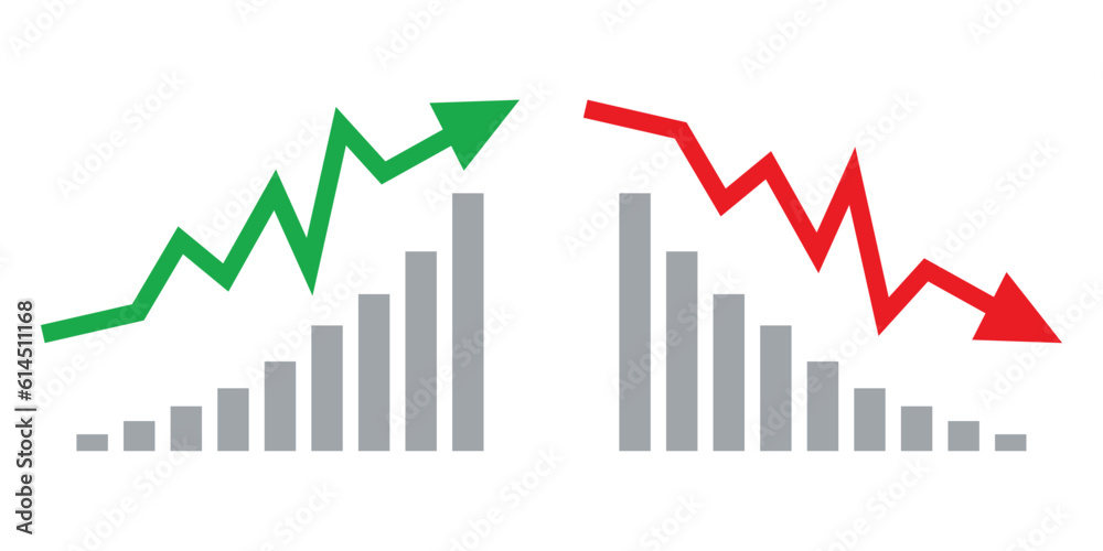 Graph going Up and Down sign with green and red arrows vector. Flat ...