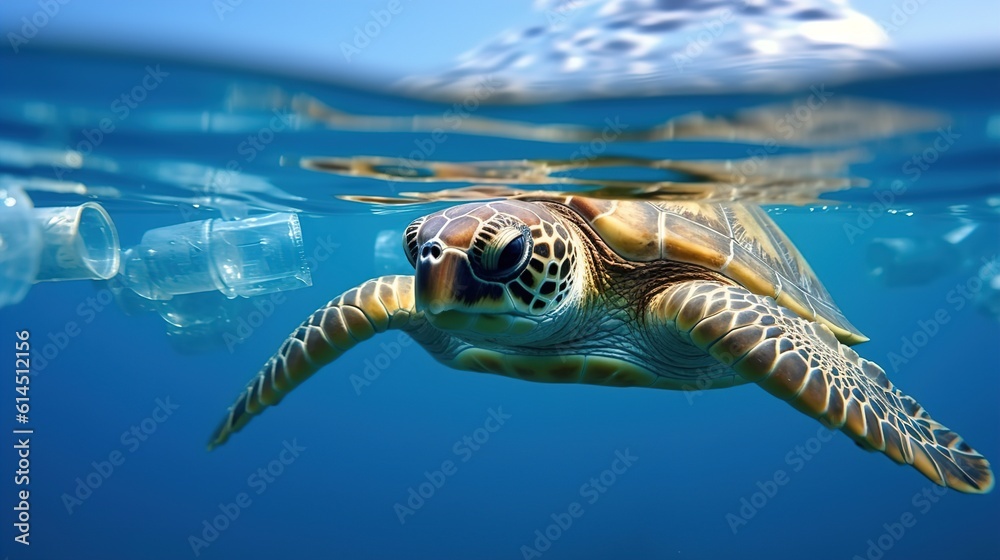 The turtle in the ocean swims among the plastic. Ocean plastic ...