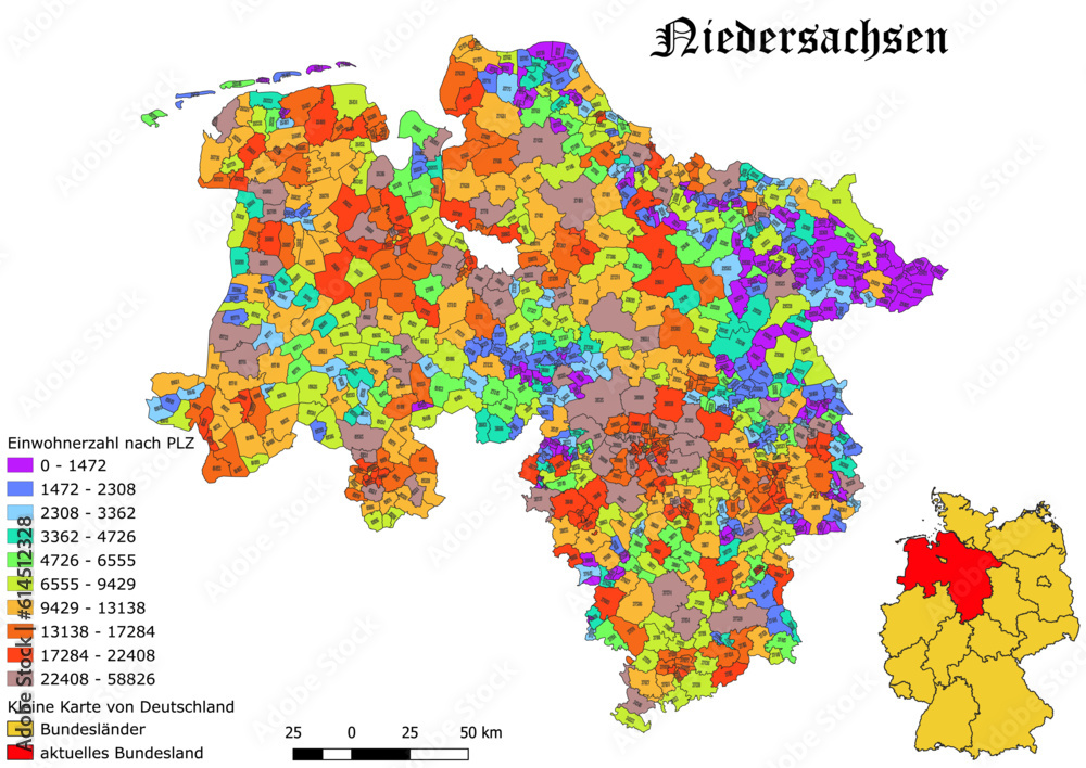 Federal state Niedersachsen population by postal code map with Germany ...