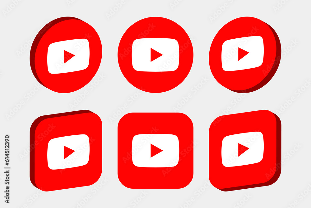 3d youtube logo social media icons. youtube icon circle and square ...