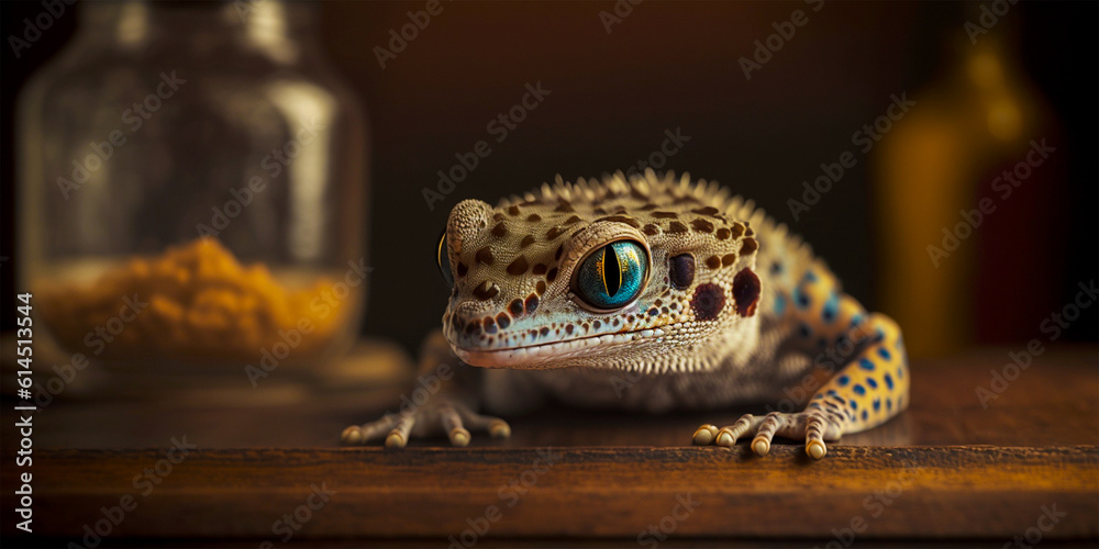 The photo of the spotted Tokay gecko faded. The gecko is resting on the ...