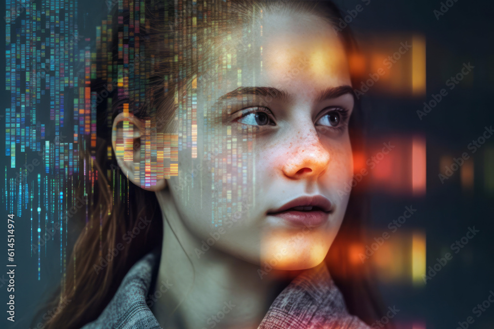 Candid portrait of a young girl enveloped in colorful code and abstract ...