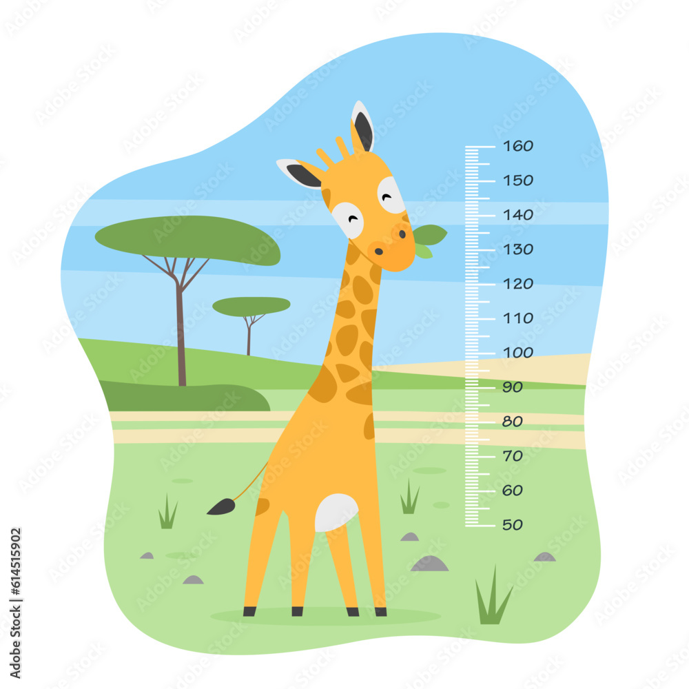 Kids height chart with cute giraffe vector illustration. Cartoon ...