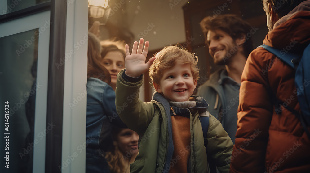 Little boy goes to school and says goodbye.Created with Generative AI ...