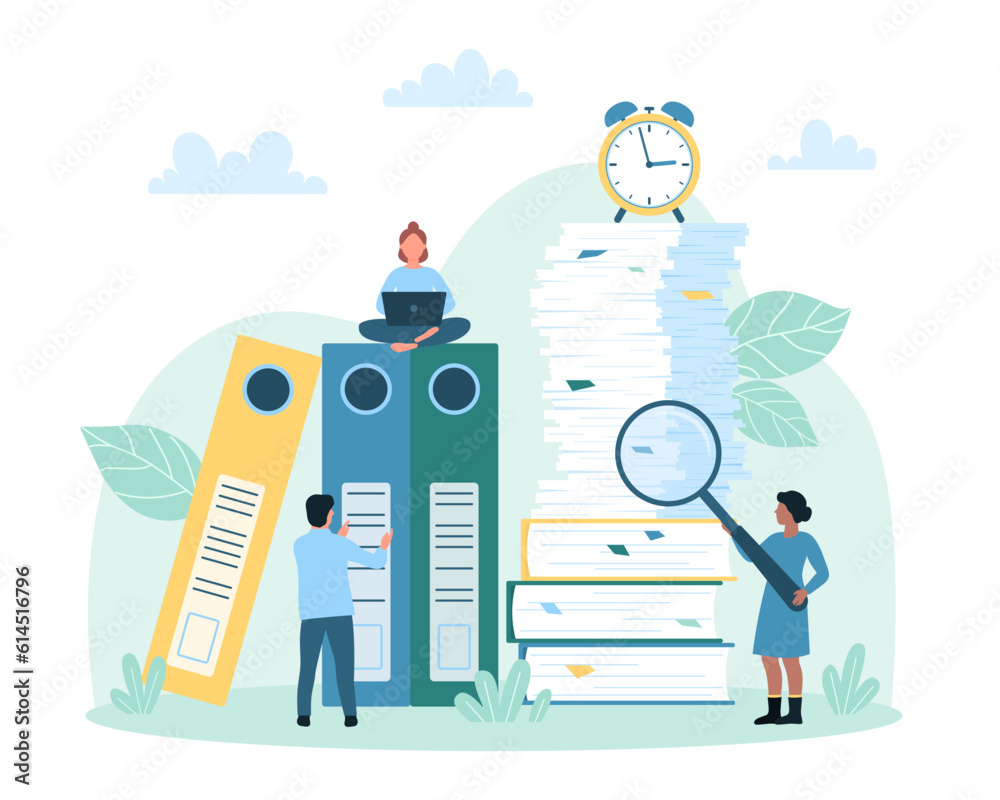 Cartoon tiny people work among stacks of paperwork, reports and bills ...