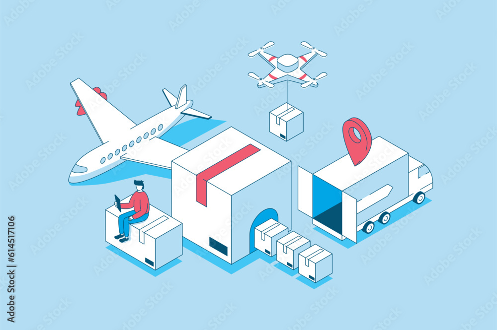 Worldwide delivery concept in 3d isometric design. People using global ...